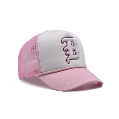 China Pre Curved Visor Cotton Polyester Trucker Cap With Embroidered Logo for sale
