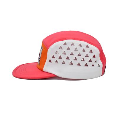 China Waterproof Laser Cut Drilled Hole 5 Panel Camper Hat Lightweight Nylon Running Mesh Cap for sale