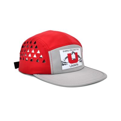 China Waterproof Laser Cut Drilled Hole 5 Panel Camper Hat Lightweight Nylon Running Mesh Cap for sale