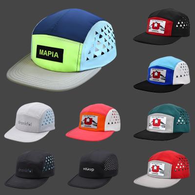 China Waterproof Laser Cut Drilled Hole 5 Panel Camper Hat Lightweight Nylon Running Mesh Cap for sale