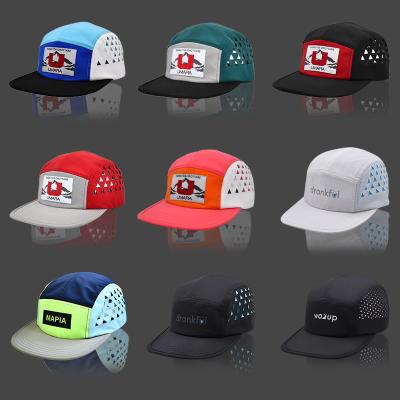 China Waterproof Laser Cut Drilled Hole 5 Panel Camper Hat Lightweight Nylon Running Mesh Cap for sale
