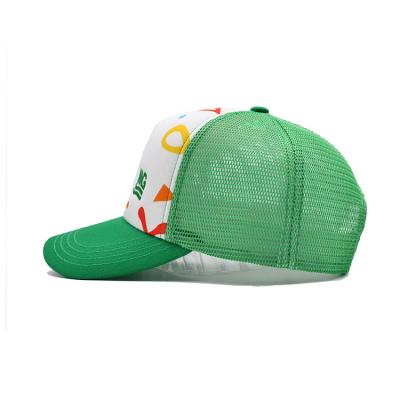China Screen Printing Affixed Patch 5 Panel Trucker Cap Cotton Polyester Custom Fabric Flat Curve for sale