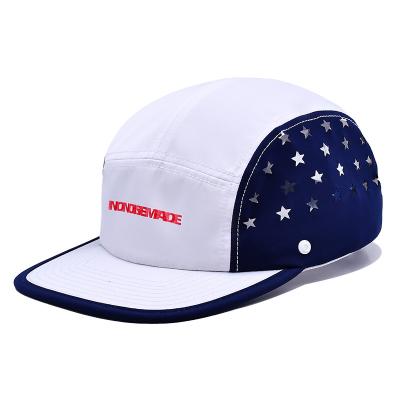 China Customized Eyelets 5 Panel Camp Hat Flat Brim Waterproof Nylon Camper Cap for sale
