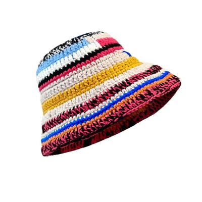 China Custom Crochet Hat Autumn Winter Colored Handmade Striped Knitted Versatile Crochet Bucket Hats Thick Women Fisherman Cap for sale
