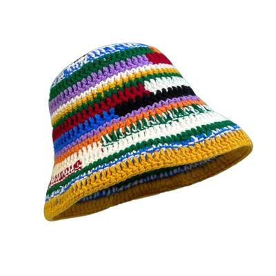China Custom Crochet Hat Autumn Winter Colored Handmade Striped Knitted Versatile Crochet Bucket Hats Thick Women Fisherman Cap for sale