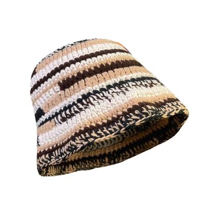 China Custom Crochet Hat Autumn Winter Colored Handmade Striped Knitted Versatile Crochet Bucket Hats Thick Women Fisherman Cap for sale
