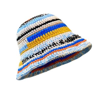 China Custom Crochet Hat Autumn Winter Colored Handmade Striped Knitted Versatile Crochet Bucket Hats Thick Women Fisherman Cap for sale
