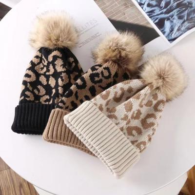China High Quality Pom Pom Winter Leopard Print Beanie Wholesale Soft Warm Knitted Beanie Hats for sale