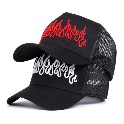 China Flame Street Style Adjustable Hip Hop Hat Embroidered Snapback Curve Brim Trucker Mesh Sports Cap for sale