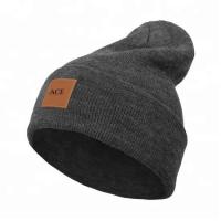 China Comfortable Plain Knit Beanie Hats With Leather Patch Customized Size / Color for sale