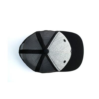 China Summer Black Mesh Flat Brim Snapback Hats Custom Patches Logo Hip Hop Trucker Cap for sale