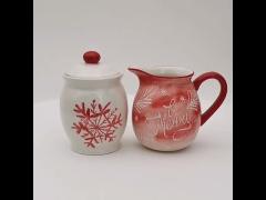 Christmas Kitchen Brunch Coffee Sugar And Creamer Set Container Ceramic With Lid And Holder