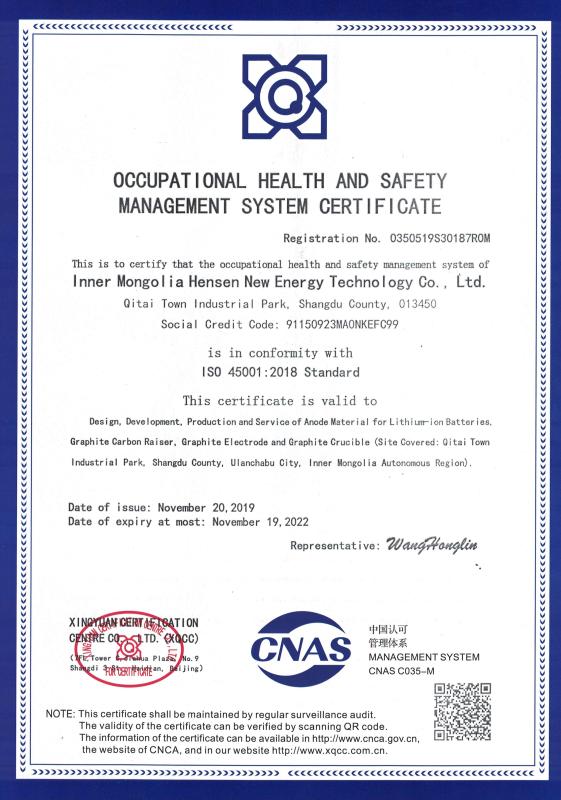 Occupational Health and Safety Management System Certificate - Qingdao Hensen Graphite Co., Ltd.