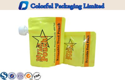 China impresión brillante de los alimentos para niños 4oz/6oz de la bolsa reutilizable del canalón con la cremallera en venta