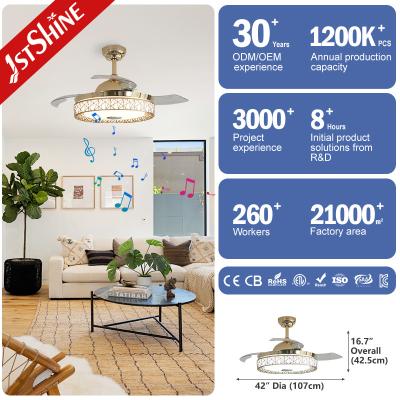 China Retractable Ceiling Fan With Rgb Light Music Player Dc Motor 6 Speed Remote Control for sale