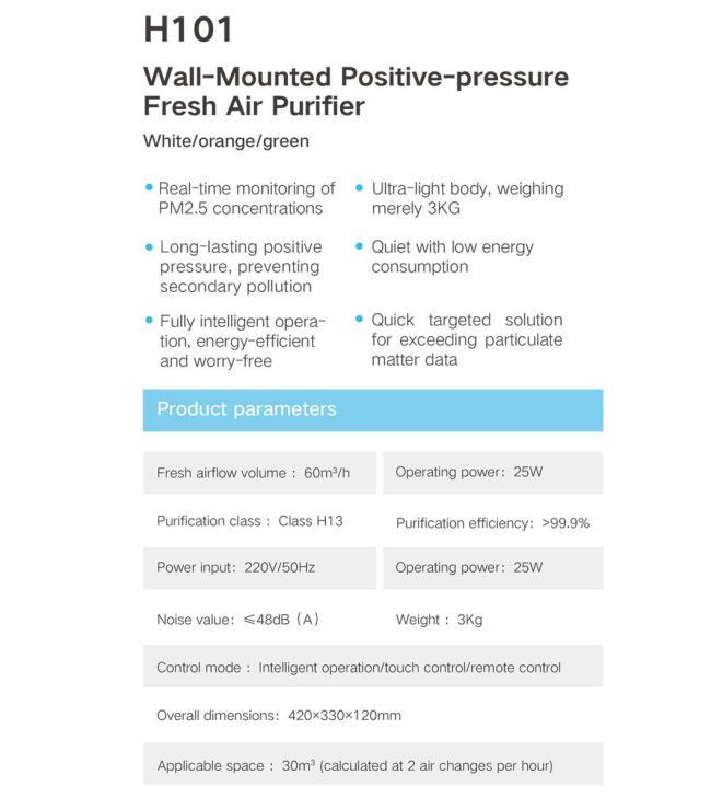 H101 Intelligent, Energy-Saving, Wall-Mounted Positivepressure Air Purifier with Fresh Air Supply