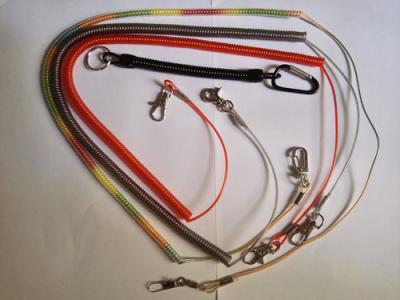 China Colorful long safety tether lanyard coil with carabiner ring loop&metal crimp leashes for sale