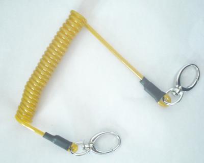 China Flexible transparent yellow expanding spring coil tool lanyard with 2pcs oval metal hooks for sale