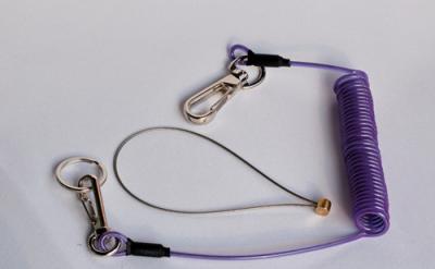 China Custom special OEM purple plastic spiral coil lanyard tether stretch leash w/hook&key ring for sale