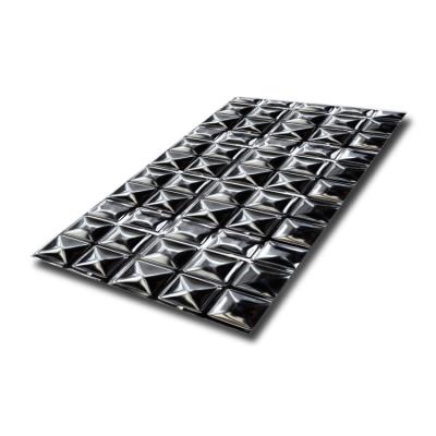 China 304 PVD Black Color 3D Square Pattern Mirror Stamped Finish Stainless Steel Cladding Panels for sale
