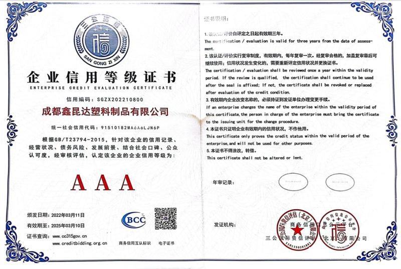 Enterprise credit rating certificate - Chengdu Xinkunda Plastic Products Co., Ltd.