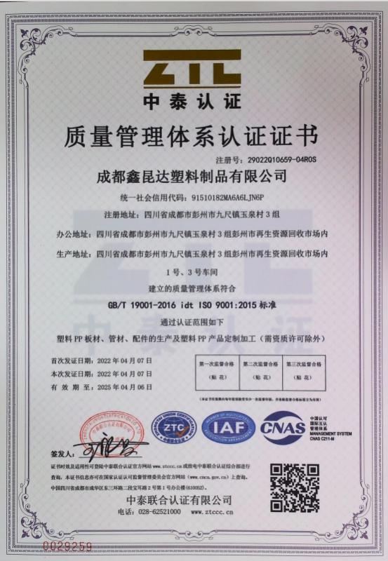 Quality Management System Certification - Chengdu Xinkunda Plastic Products Co., Ltd.