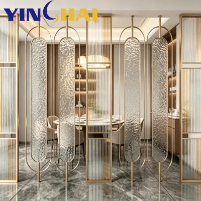 China Luxury Combined Vertical Textured Glass Partition Screen With Stainless Steel Frame for sale