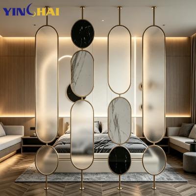 China Custom Stainless Steel Golden Frame Oval Frosted Glass Marble Slice Partition for sale