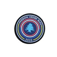 China Custom Polyester Woven Patch Label Iron On Badges Laser Cut Border 100pcs MOQ for sale