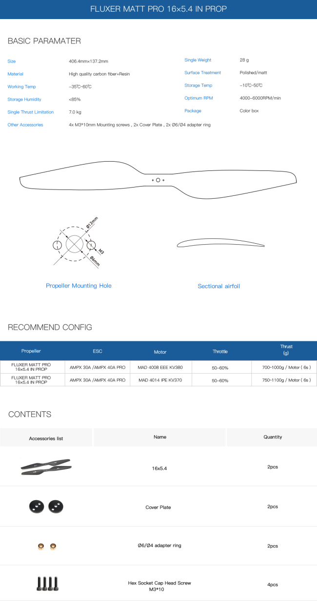Technical diagram of 16x5.4 Inch FLUXER PRO MATT propeller with dimensions