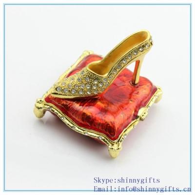 China Enamel handmade metal trinket box with high-heeled shoes shape jewelry box for sale