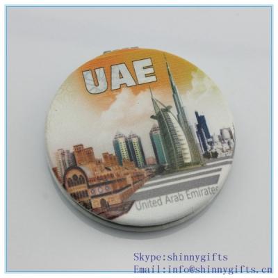 China Small mirror Burj Arab Hotel round shape PU pocket mirrors for sale