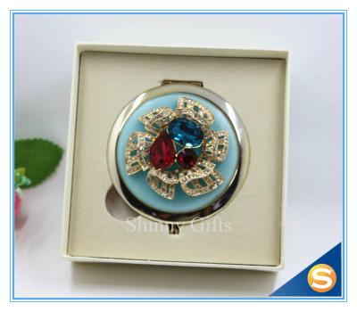 China Shinny Gifts Luxury Crystal Cosmetic mirror Round Shape Metal Pocket Mirror for sale