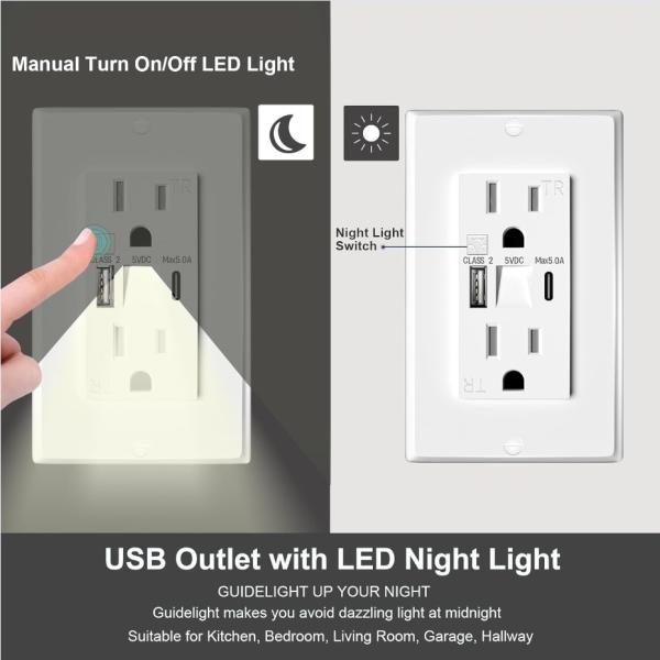 Quality Plastic USB Power Outlets 15A 125V Power Outlet With Night Light for sale