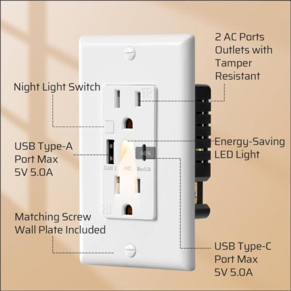 Quality Tamper Resistant Type C USB Outlet 15A Wall Outlet With Night Light 0.2W for sale