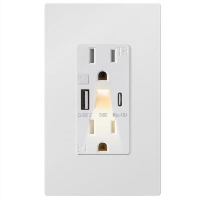 China Home 15A Night Light USB Outlet 60Hz Wall USB Sockets With Type C Night Light Illumination for sale
