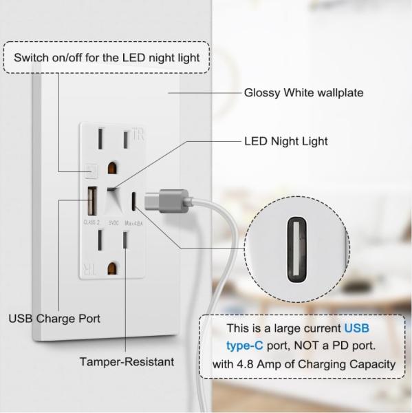 Quality PD20W Night Light USB Outlet Fast Charging USB Type C Outlet With Light for sale