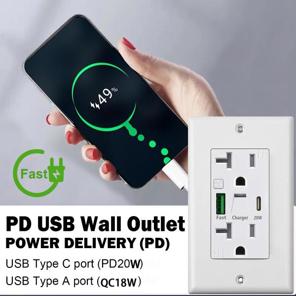 Quality 20A 125V Double Switched Sockets Tamper Resistant USB C Wall Outlet for sale