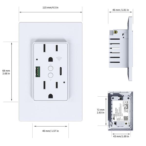 Quality 15A 125V Smart Socket Customized Wifi Controlled Power Outlet With PD20W Fast for sale