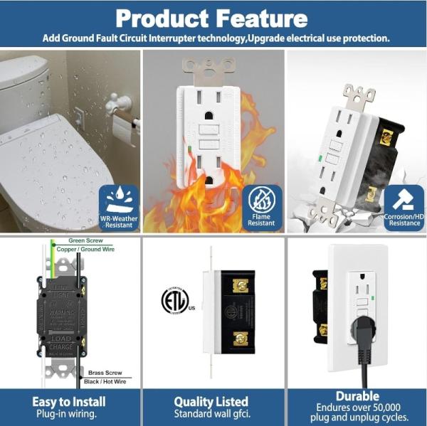 Quality 15A 125V 60Hz GFCI Power Outlet Self Grounding Wall Safe Socket for sale