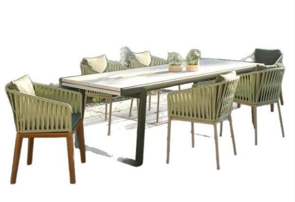 Quality Outdoor dining set made with weather resistant rattan rope and durable aluminum frame perfect for garden courtyard villa and patio for sale