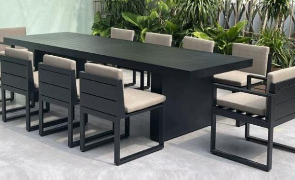 Quality Outdoor table and 8pcs chair made with weather resistant UV resistant polywood and aluminum frame built for gardens courtyards and villas for sale