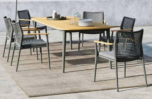 Quality Outdoor teak wood table and 6pcs chairs made with weather resistant UV resistant and aluminum frame built for gardens courtyards and villas for sale