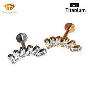 China Implant Grade Titanium Internally Threaded 6 Rectangle Bezel Set CZ Curve Top Flat Back Labret Studs Tp2415 for sale