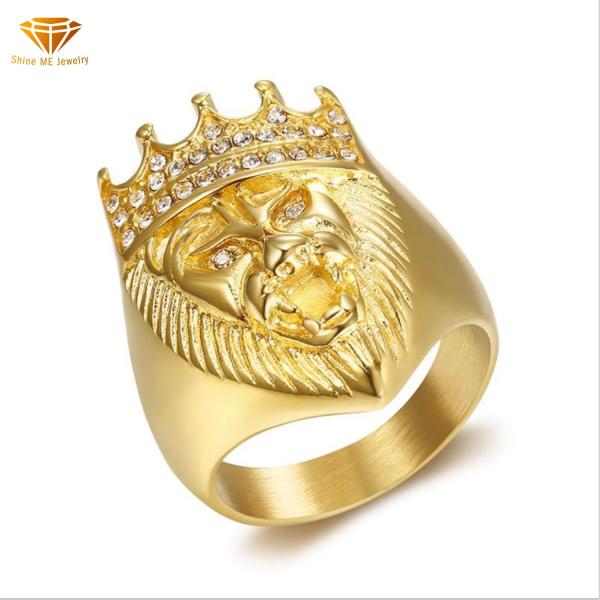 Quality Explosion Hip-Hop Hip Hop Stainless Steel Gold-Plated Rhinestone Crown Lion Head Ring for Men Sgmr2623 for sale