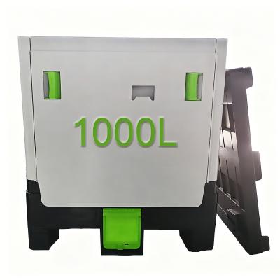 China 1000L Large HDPE Four-Way Forklift IBC Turnover Box Logistics With Lid Folding Plastic Pallet Box for sale