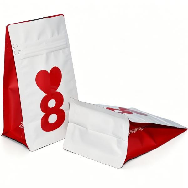 Quality ODM Factory Custom 200g Flat Bottom Coffee Bag With One-Way Degassing Valve | Matte White Red Aluminum Foil Stand Up Pouch For Whole Roasted Coffee Beans for sale