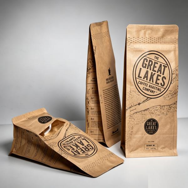 Quality Custom Printed 12oz 340g Kraft Flat Bottom Coffee Bag With One-Way Degassing Valve | Eco-Friendly Brown Paper Stand Up Pouch For Roasted Whole Bean Coffee for sale