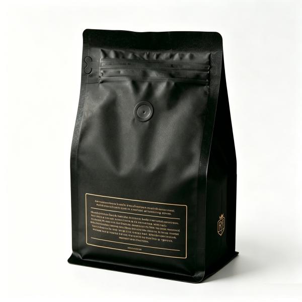 Quality Matte Black Flat Bottom Coffee Bag with Gold Foil Stamp & Window | Valve for sale