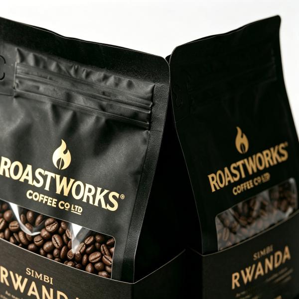 Quality Matte Black Flat Bottom Coffee Bag with Gold Foil Stamp & Window | Valve for sale